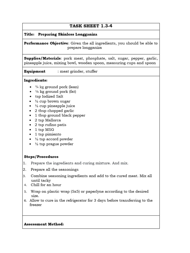 Example of Task Sheet - Food Processing NC II | PDF