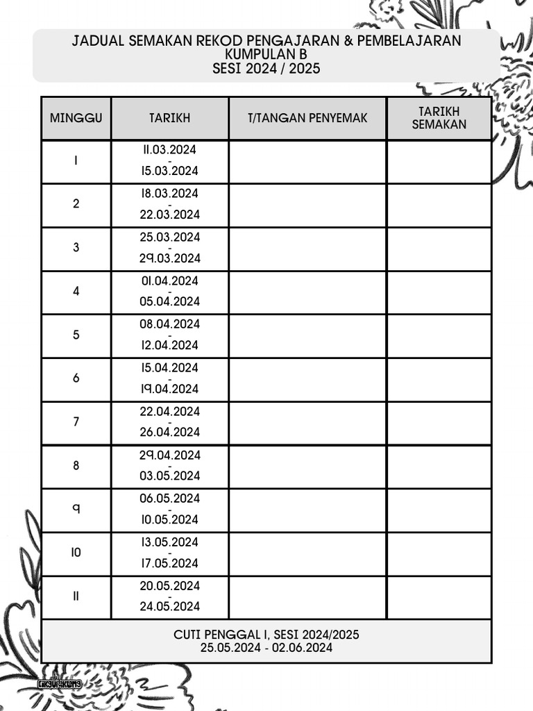 Jadual Semakan Buku Rekod Mengajar 2024 2025 Kump B B&W | PDF