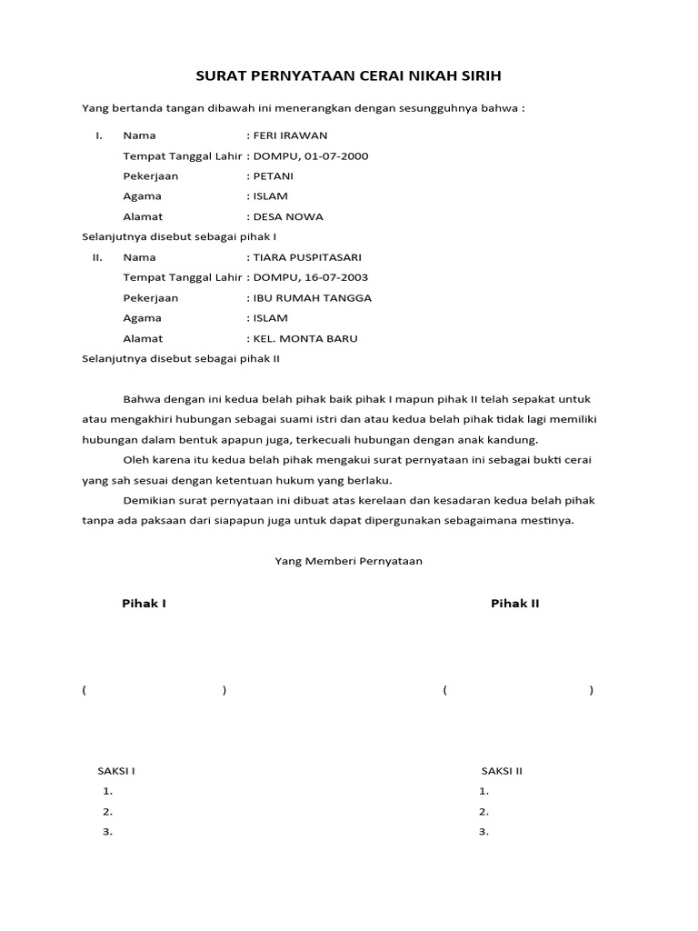 Surat Pernyataan Cerai Nikah Siri | PDF