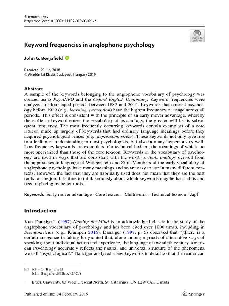Benjafield - Keyword Frequencies in Anglophone Psychology | PDF ...