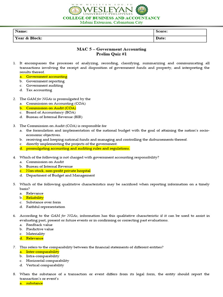prelim-quiz-1-ANSWER-KEY | PDF | Audit | Budget
