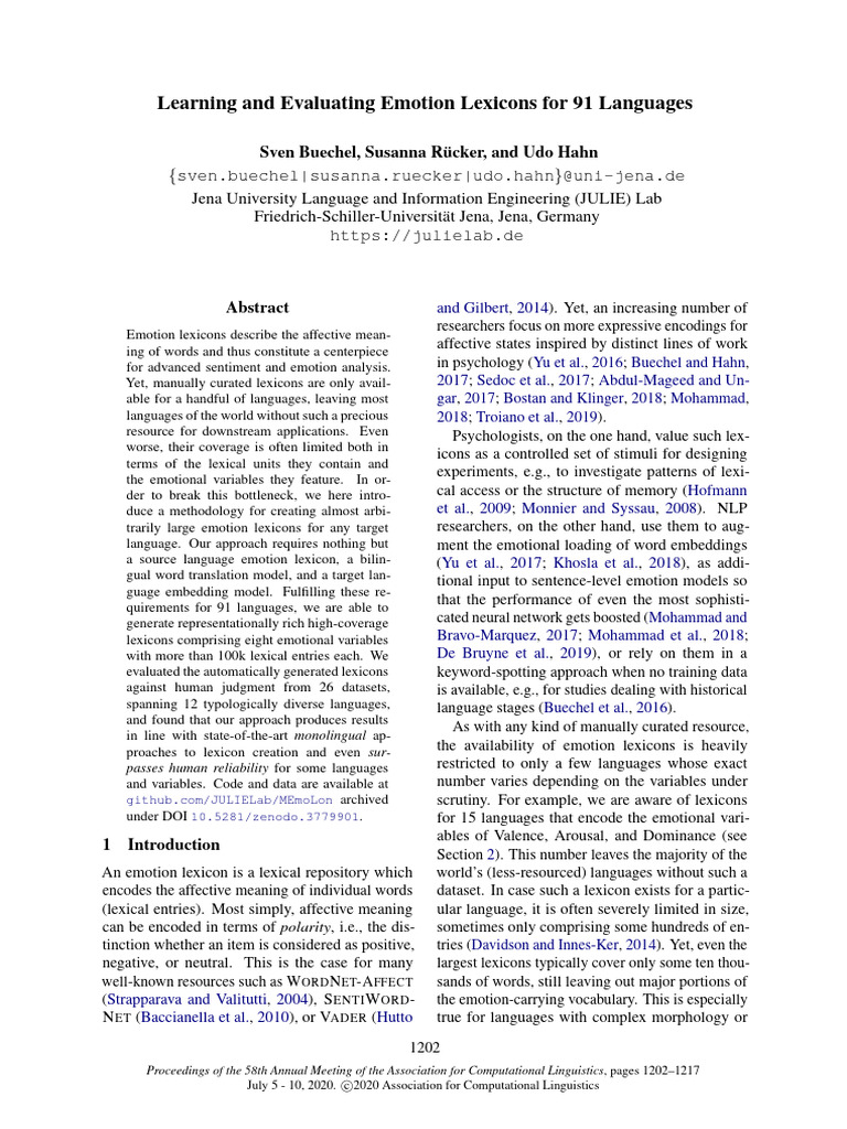 Buechel Et Al Learning And Evaluating Emotion Lexicons For 91 Languages Pdf Emotions Lexicon 