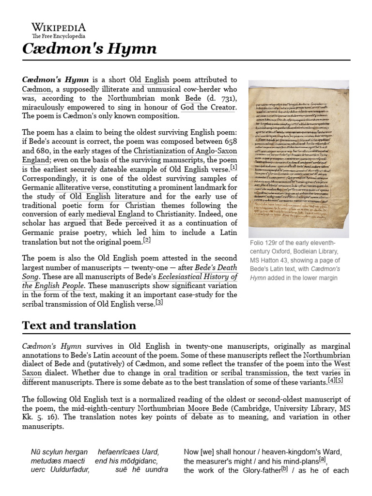 Cædmon's Hymn - Wikipedia | PDF
