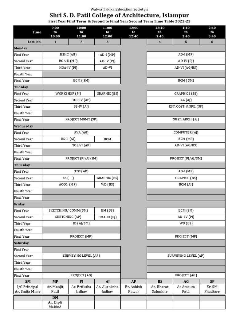 Timetable 2022-23-ST_First to Final Year | PDF