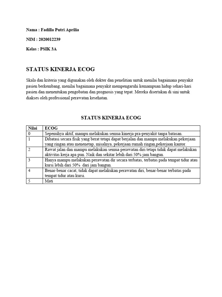 Status Kinerja Ecog - Fadilla P.A - Kep Ajal&paliatif | PDF | Kesehatan Holistik | Gaya Hidup