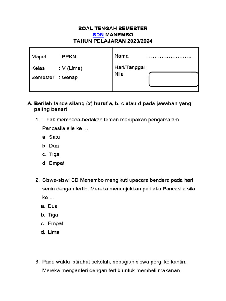 Soal STS 1 PPKN Kelas 5 | PDF