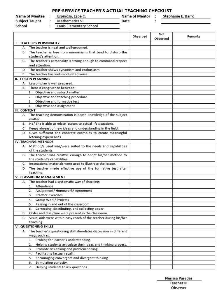 PRE SERVICE CHECKLIST | PDF | Teachers | Mentorship