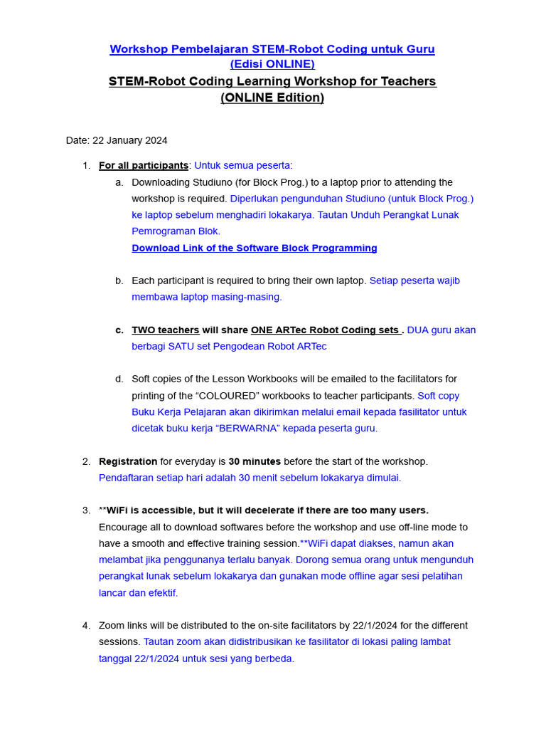 ARTec STEM-Robot Coding Learning Workshop Indonesia Online For 240124 | PDF | Computers