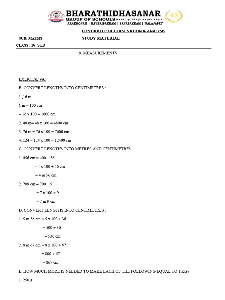 Iv Math Term-3 Study Material | PDF | Units Of Measurement | Metrology