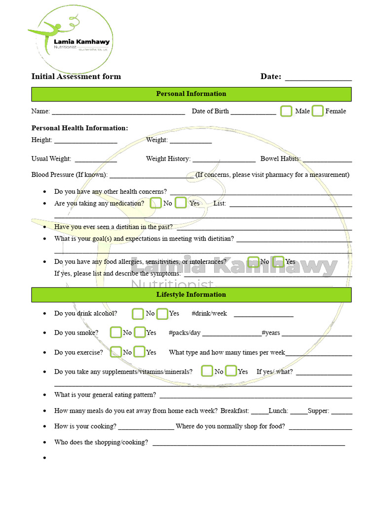 Initial Assessment Form | PDF | Foods | Meal