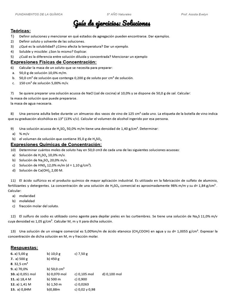 5 - Guía de Soluciones - 2023 | PDF | Concentración | Solubilidad