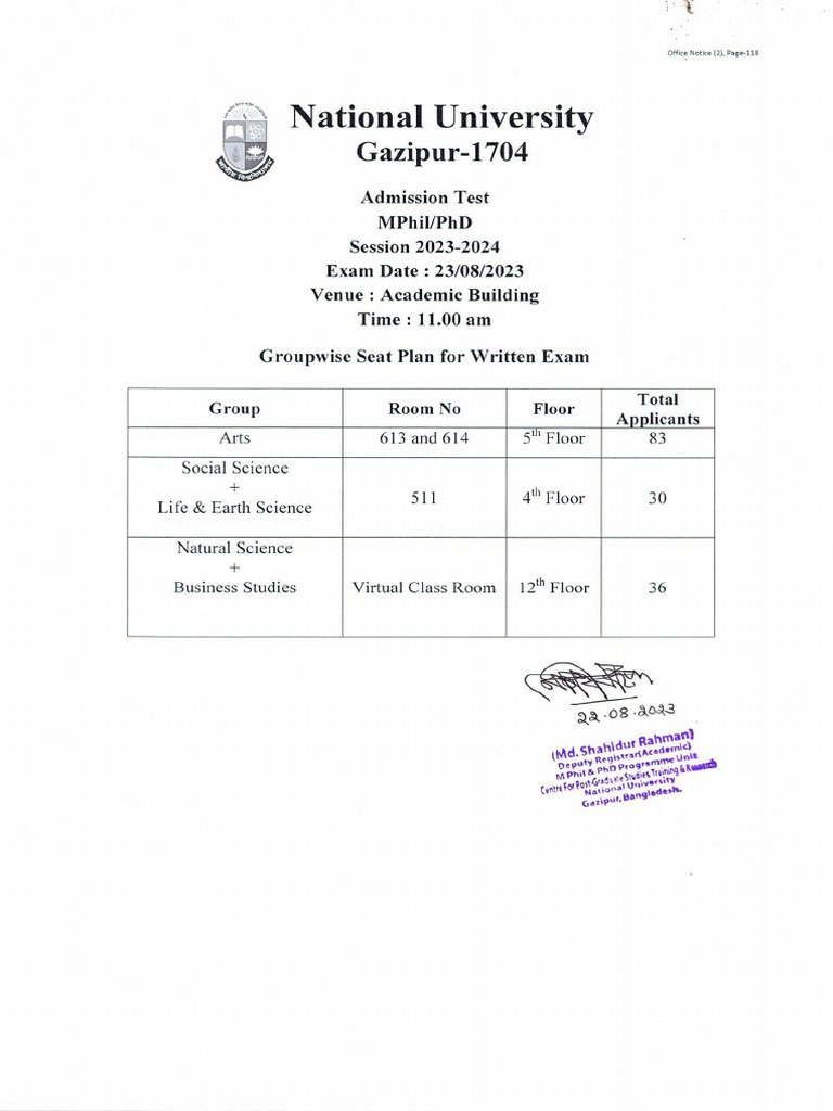 MPhilPhD Seat Plan Pub Date 22082023 | PDF