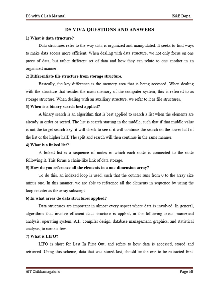 Ds Viva Questions and Answers: AIT Chikkamagaluru | PDF | Pointer (Computer Programming ...