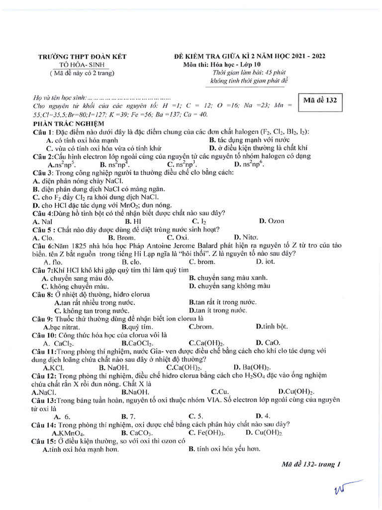 De Kiem Tra Giua Hoc Ky 2 Hoa Hoc 10 Nam 2021 2022 Truong THPT Doan Ket Dong Nai | PDF