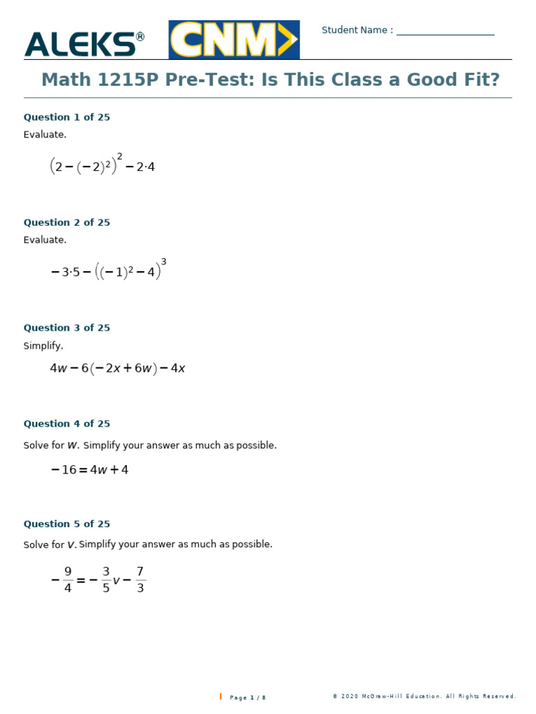 Math 1215P PreTest With Answers | PDF | Mathematics