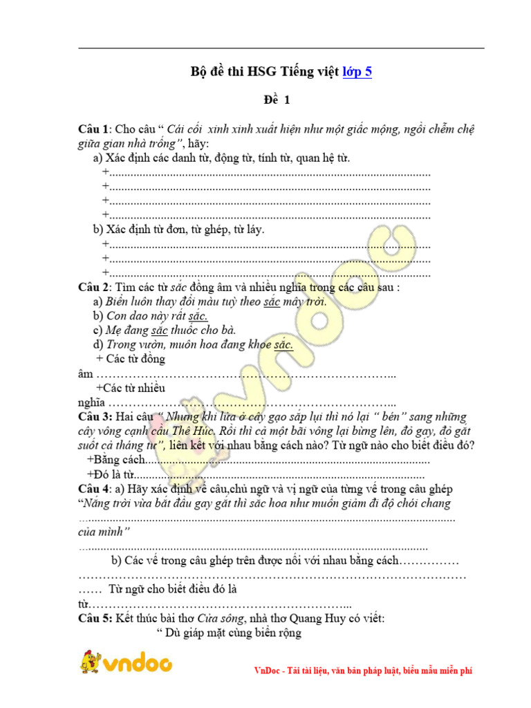 Bo de Thi Hoc Sinh Gioi Mon Tieng Viet Lop 5 | PDF