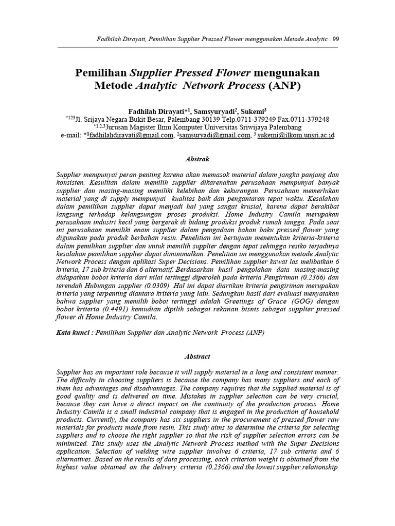 Pemilihan Supplier Pressed Flower Mengunakan Metode Analytic Network ...