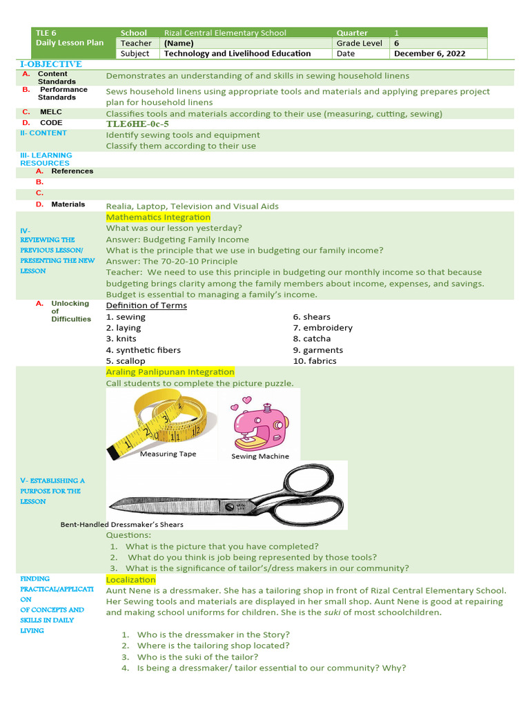SAMPLE-LESSON-PLAN-TLE-6-HIMAMAt-Demo | PDF | Sewing | Textile Arts