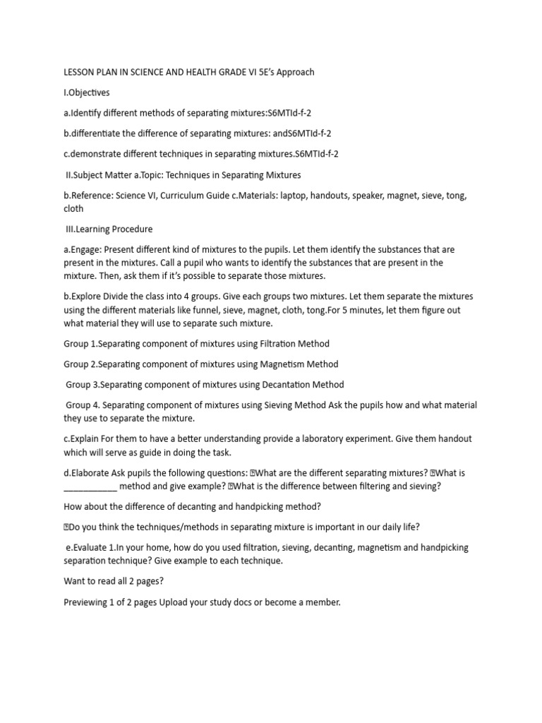 LESSON PLAN IN SCIENCE AND HEALTH GRADE VI 5E | PDF