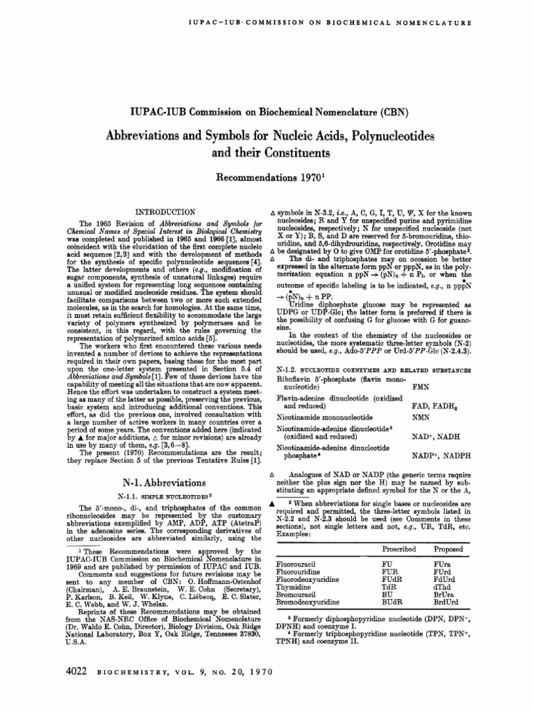 Abbreviations and Symbols For Nucleic Acids, Polynucleotides, and Their Constituents | PDF ...