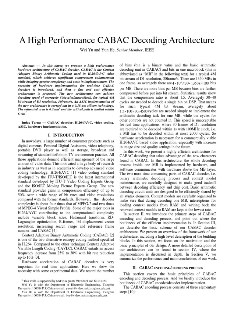 A High Performance CABAC Decoding Architecture Web | PDF | H.264/Mpeg 4 Avc | Data Compression