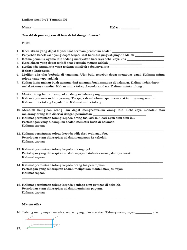 Latihan Soal PAT Tematik 2H Ukk | PDF | Karier & Perkembangan | Olahraga & Rekreasi