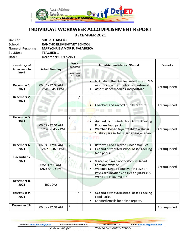 December 2021 Teacher Accomplishment Report | PDF