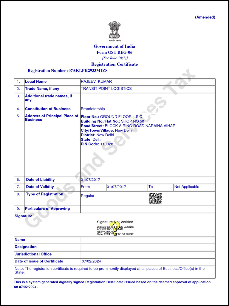 GST Registration Certificate for Transit Point Logistics | PDF ...