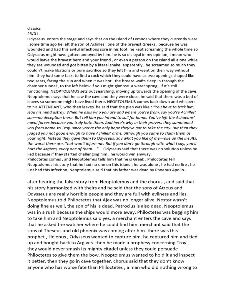 Philoctetes Summary | PDF | Odysseus | Greek Mythology