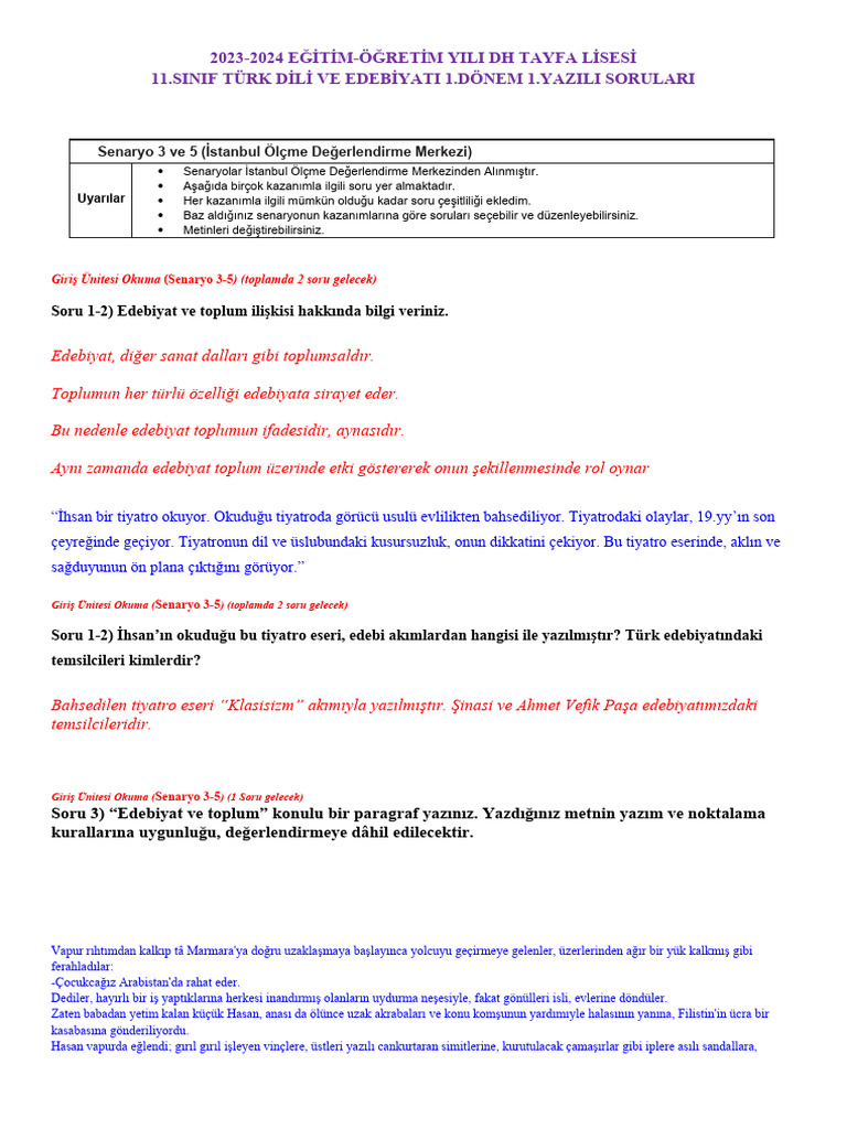 11.sinif Edebiyat 1.donem 1.yazili Sorulari Ve Cevaplari 2023 | PDF