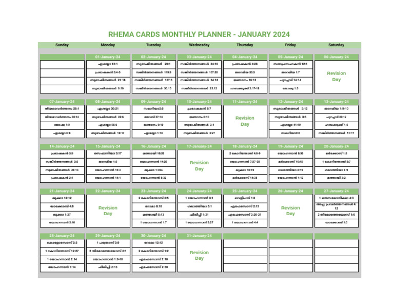 Rhema Cards Monthly Planner - January - Malayalam | PDF