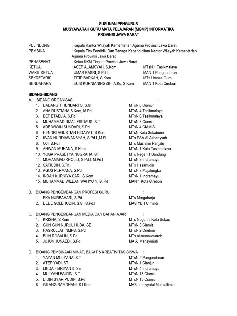 Susunan Pengurus MGMP Prov Jabar | PDF