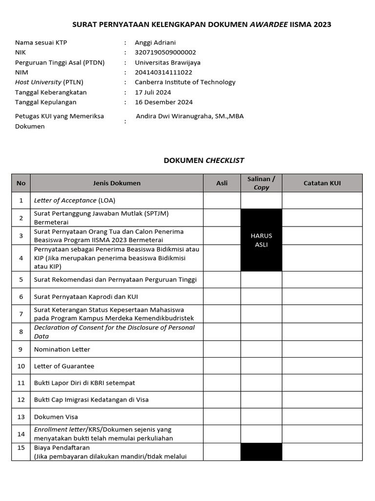 Lembar Checklist Pelaporan Dokumen Pertanggungjawaban IISMA | PDF