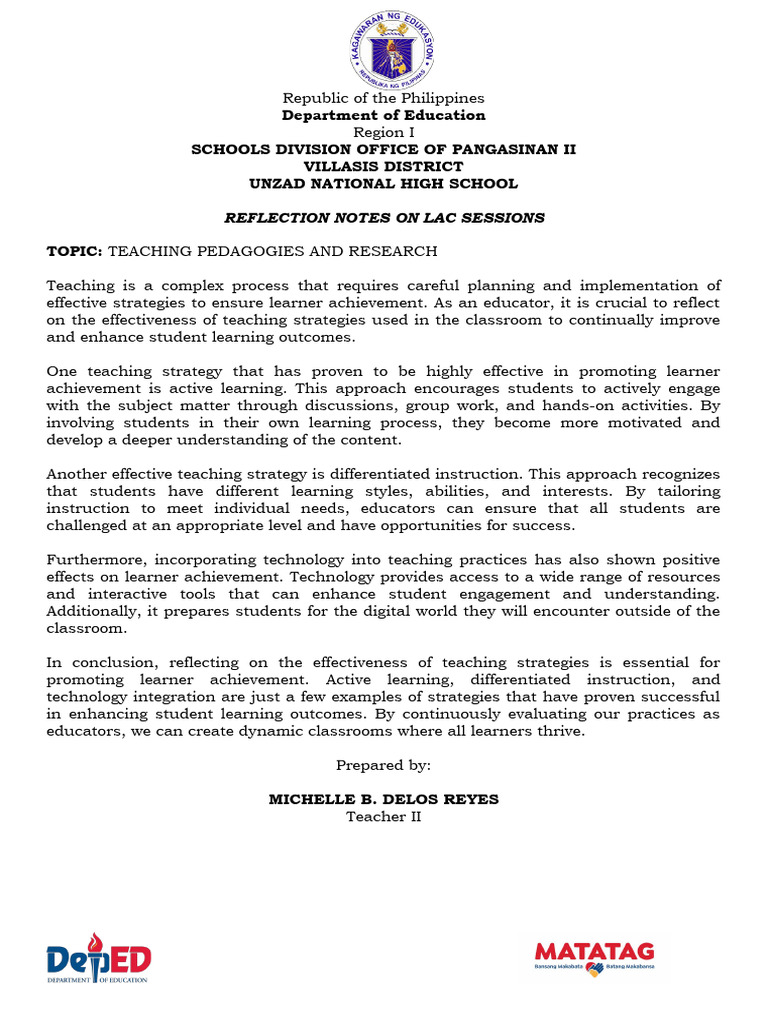 Reflection Notes On The Effectiveness Of Teaching Strategies That ...