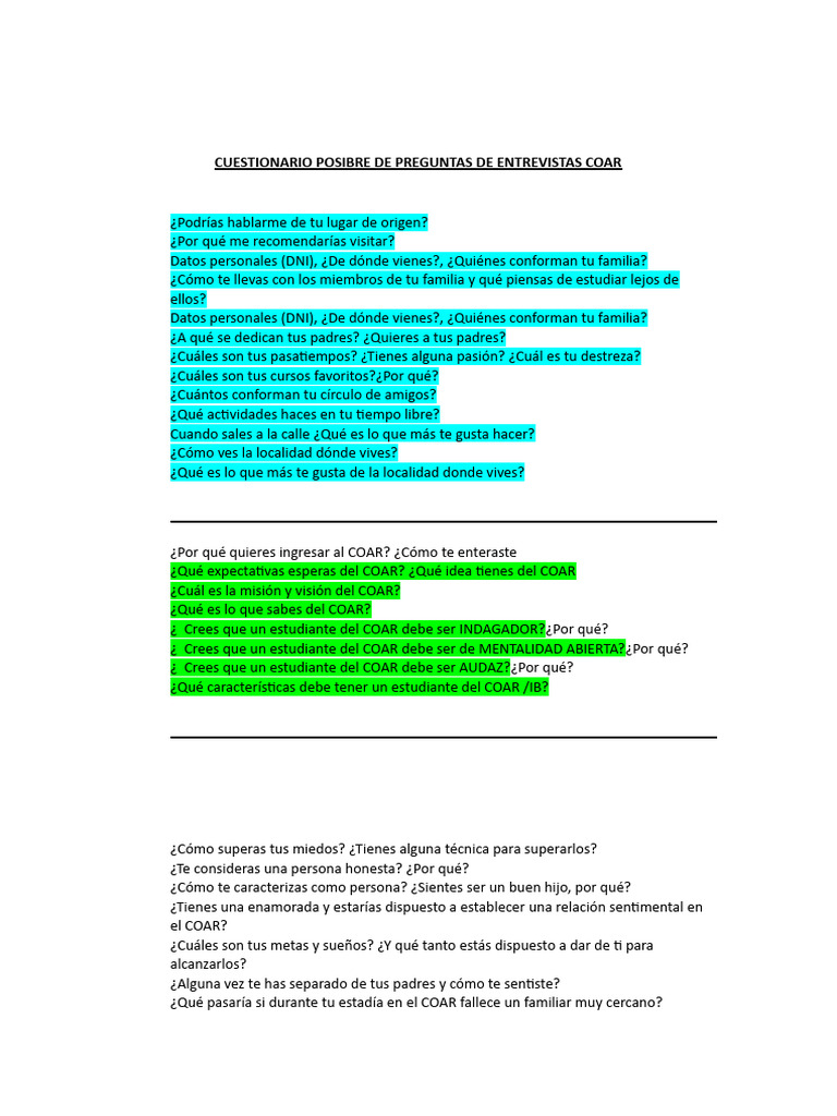 Preguntas Clave para Entrevista COAR | PDF | Sicología | Ciencias del comportamiento