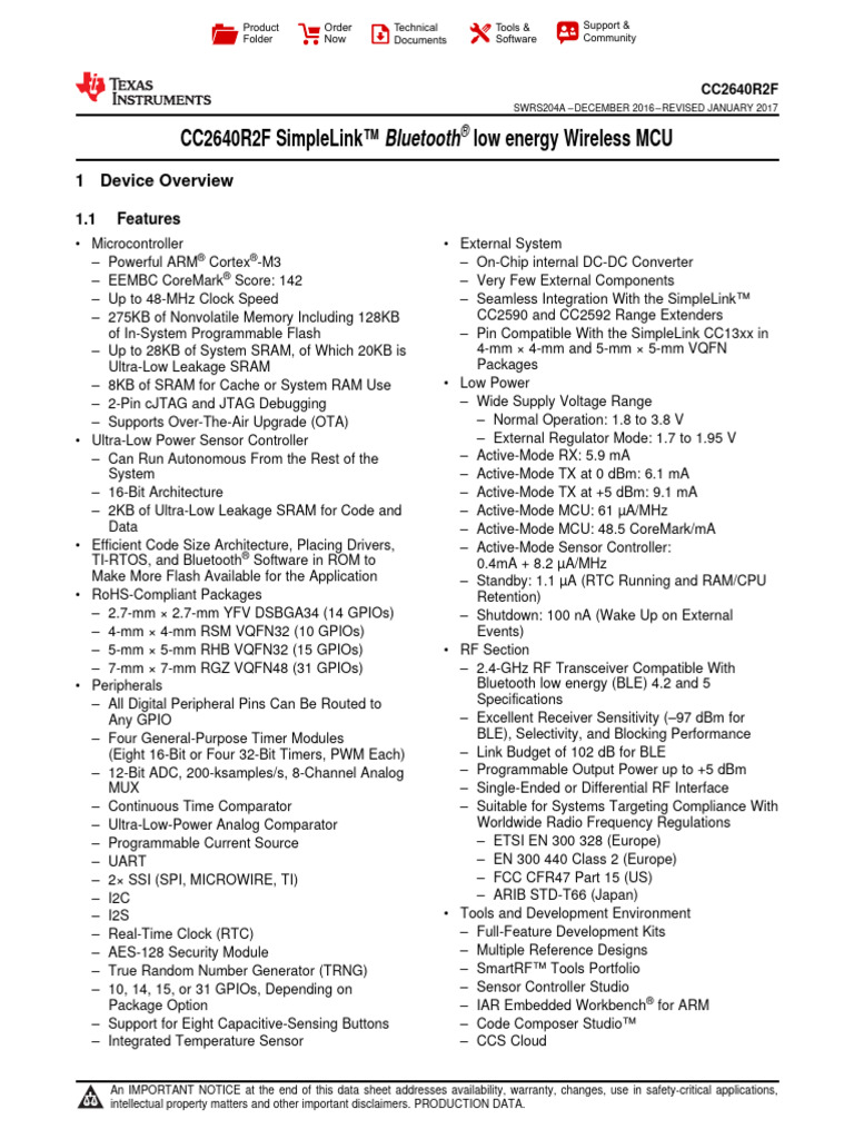 PDF cc2640r2f TI | PDF | Microcontroller | Bluetooth