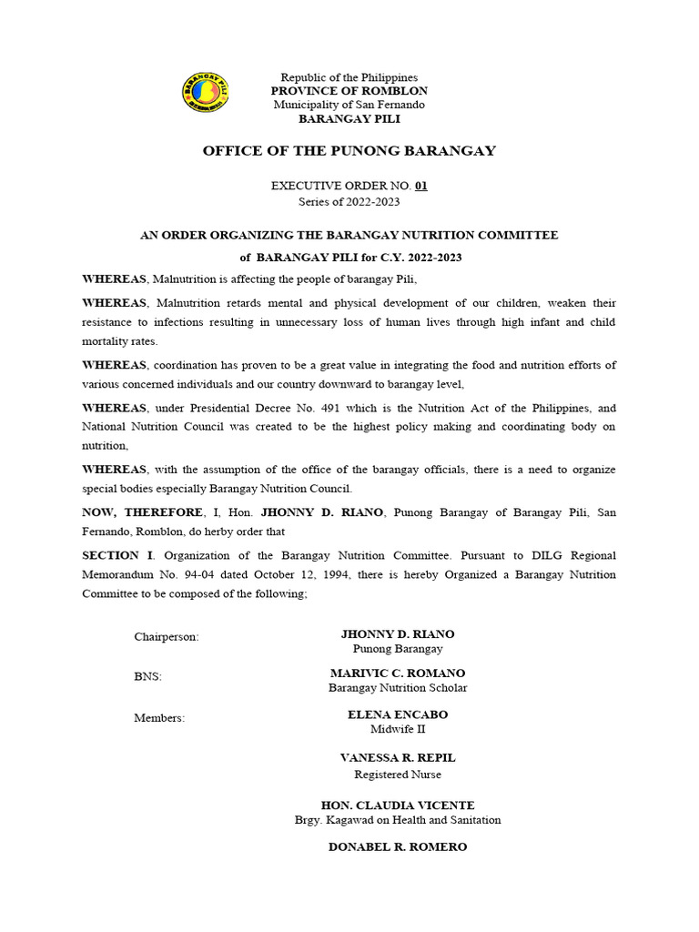 EO: Reorganization of BNC | PDF | Malnutrition | Health Care