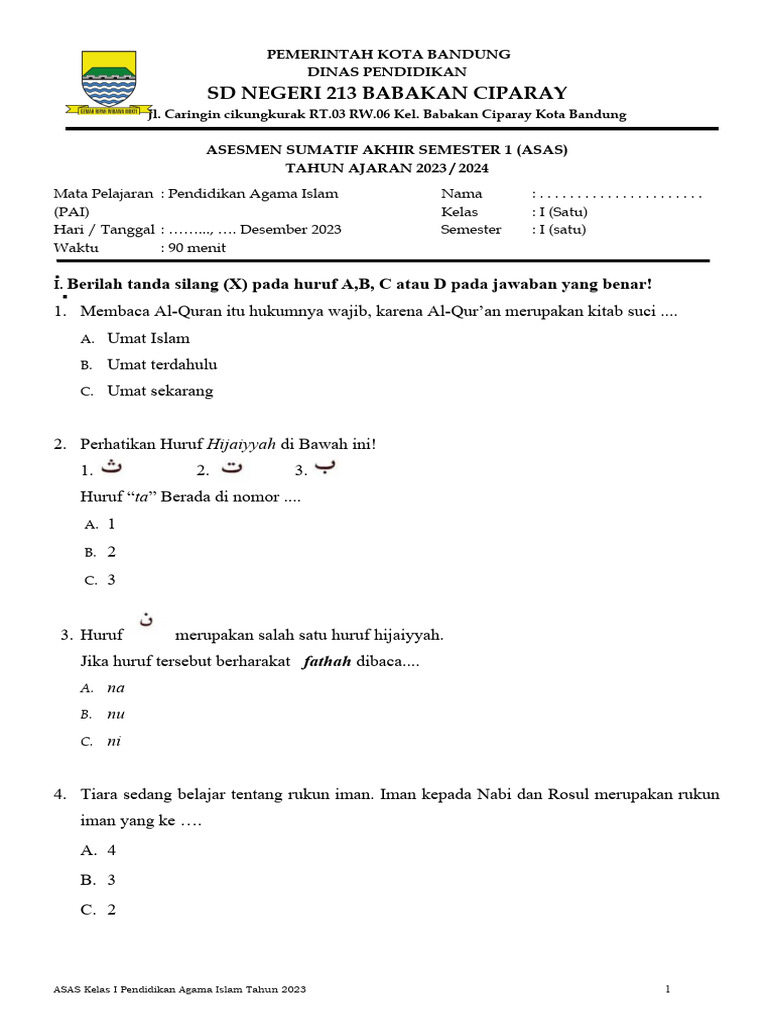 Soal PAS Kelas 1 2023 | PDF