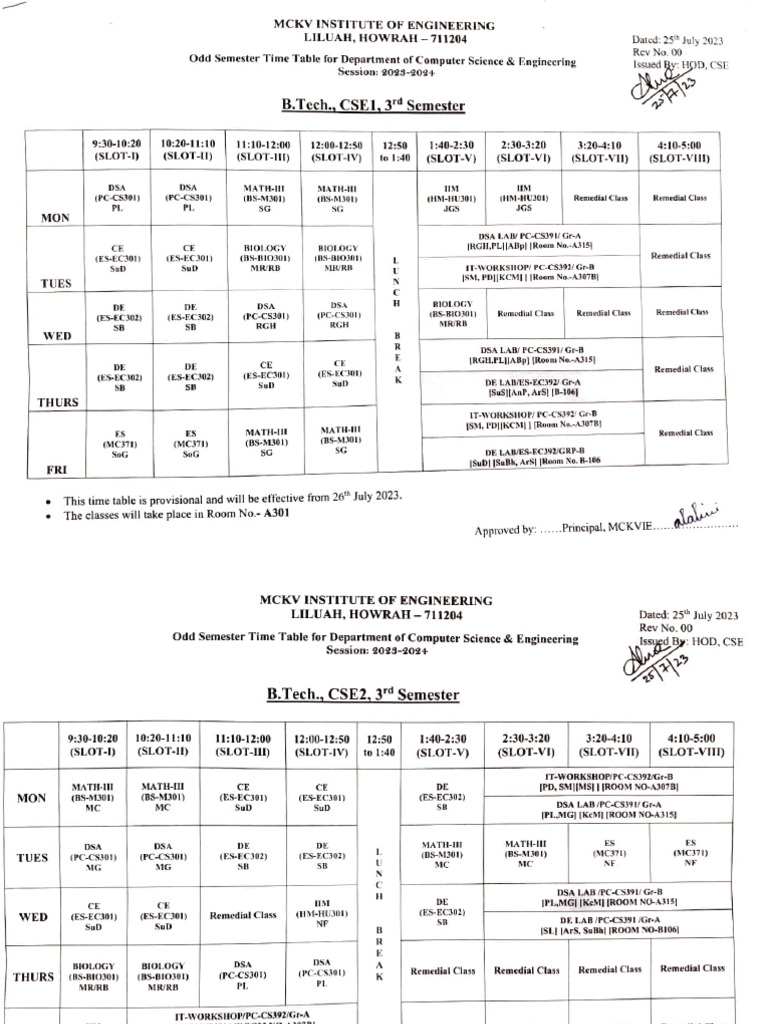 CSE Odd Semester Timetable | PDF | Science Education | Computing