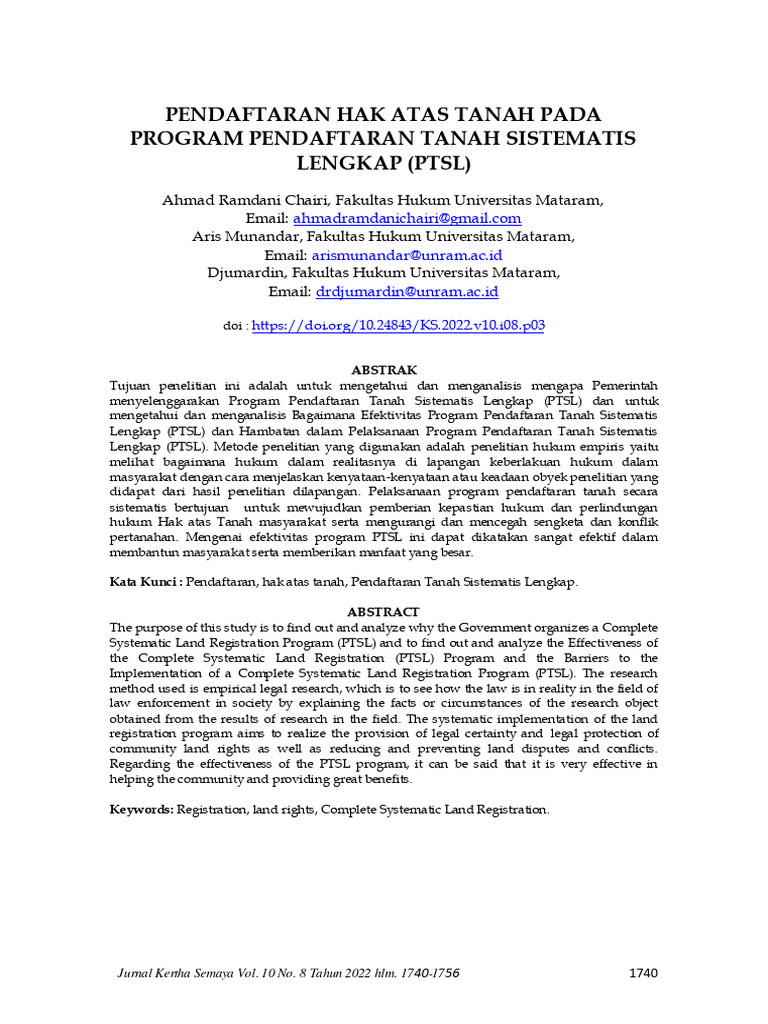 2022 - Pendaftaran Hak Atas Tanah Pada Program Pendaftaran Tanah Sistematis Lengkap (PTSL) | PDF ...