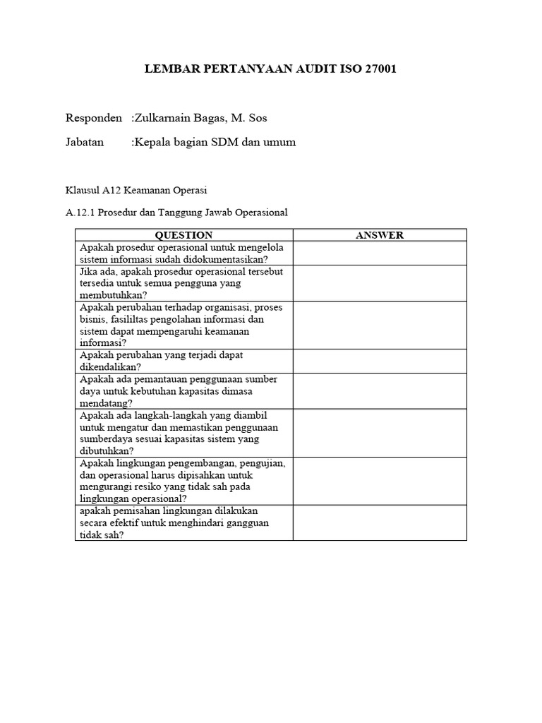 S Lembar Pertanyaan Audit Iso 27001 | PDF | Bisnis | Komputer