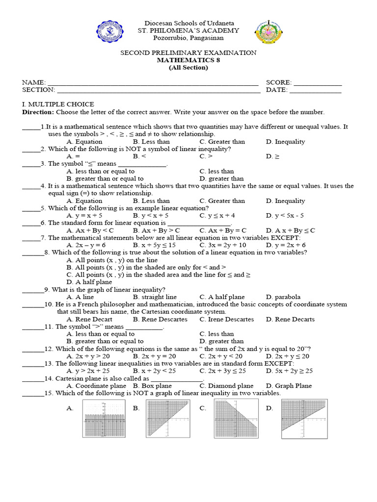 Q2 - Math 8 - Preliminary | PDF | Equations | Inequality (Mathematics)