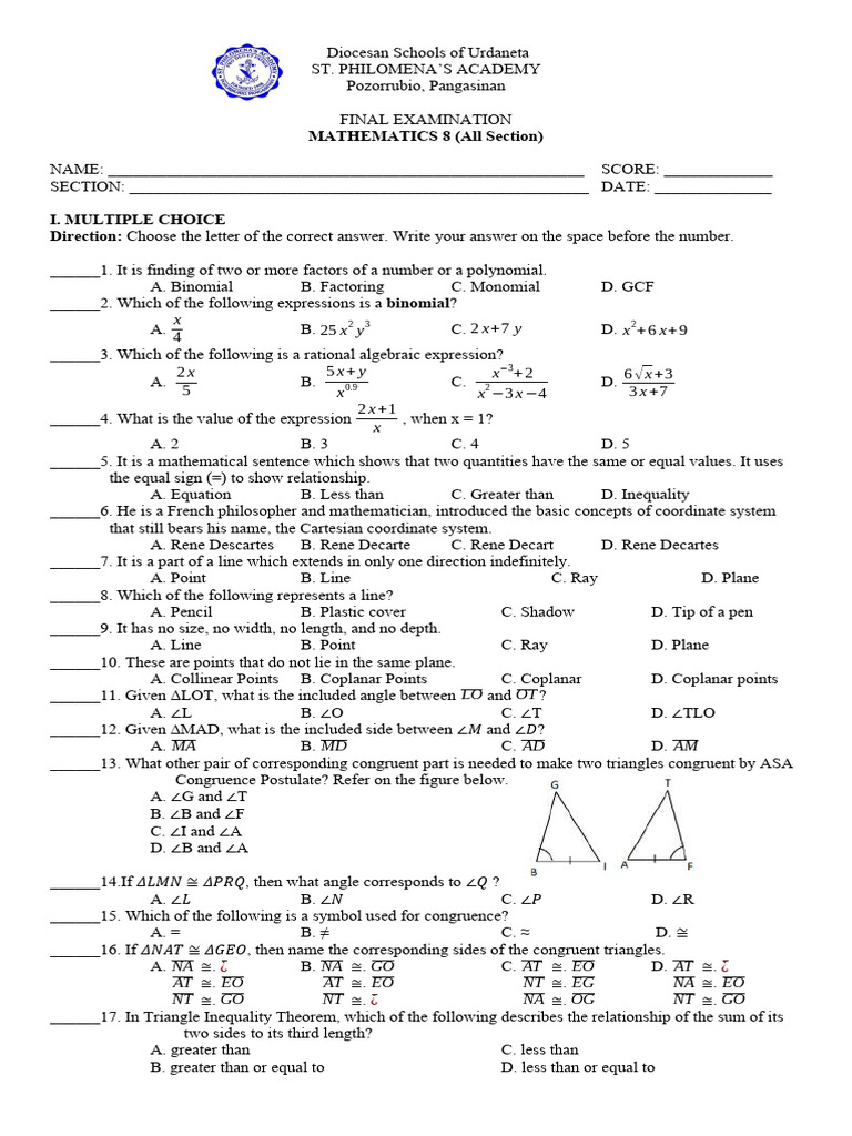 Grade 8 Math Final Exam - St. Philomena's Academy | PDF | Teaching ...