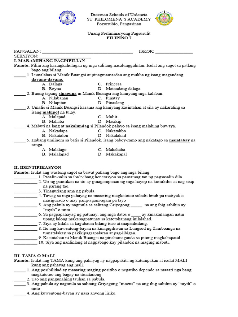 Filipino 7 Prelim Exam | PDF