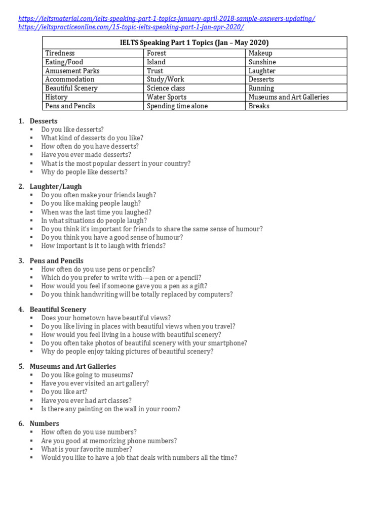 IELTS Speaking Part 1 Topics 2020 | PDF | Laughter | Text Messaging