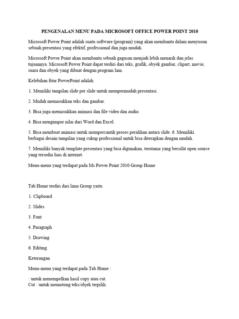 Menu Utama Microsoft PowerPoint 2010 | PDF | Karier & Perkembangan | Seni