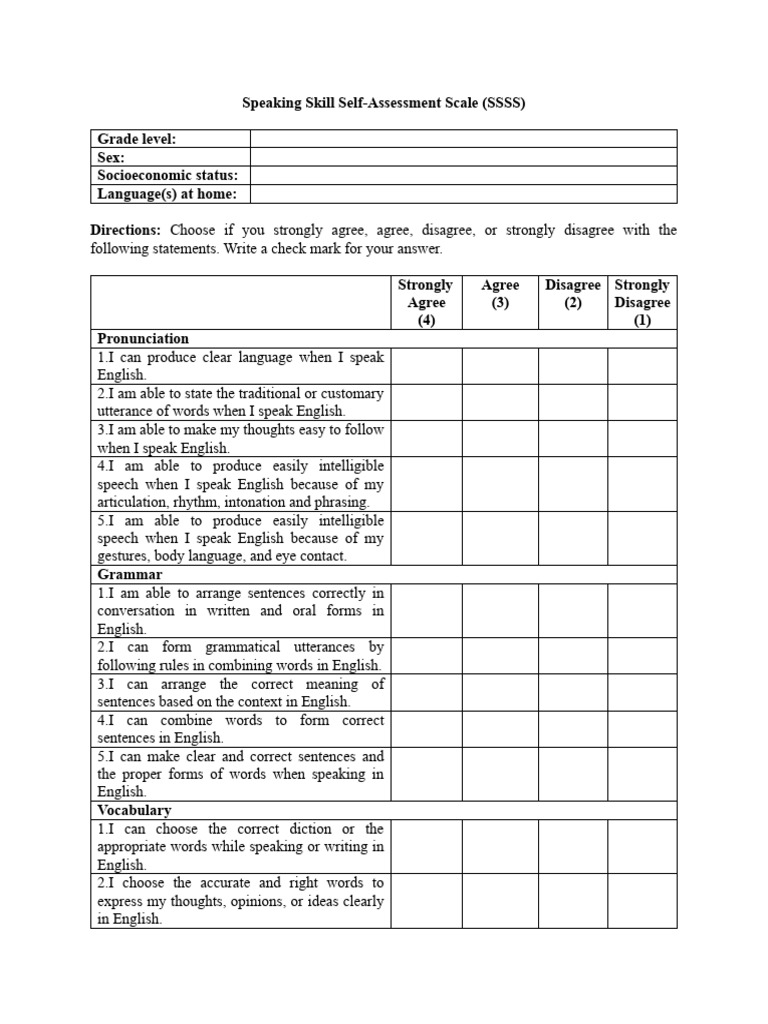 Speaking Skill Self Assessment Scale | PDF