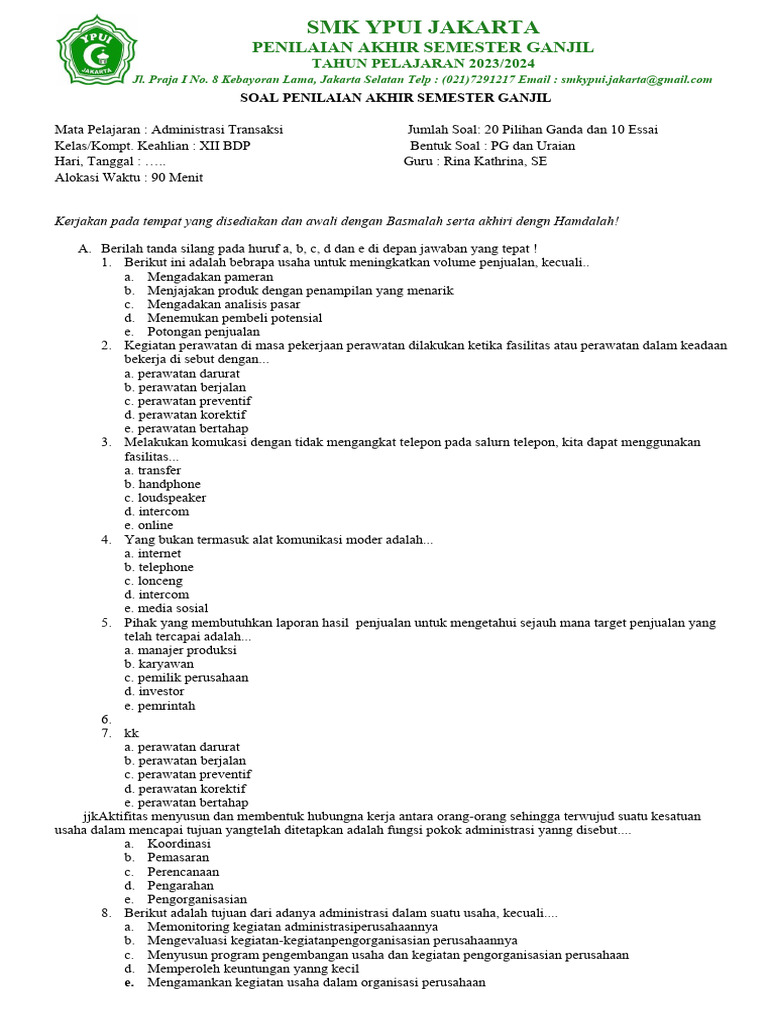 Soal PAS Adm. Transaksi XII BR - Rina Depok | PDF