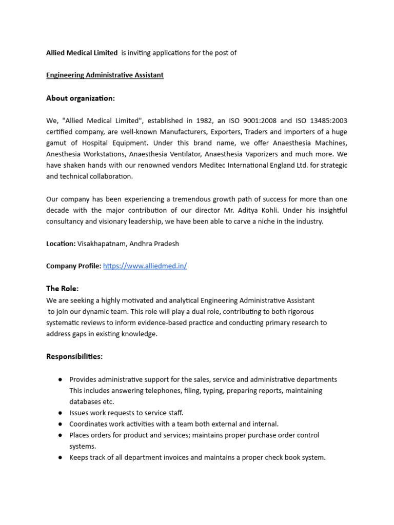 Allied Med LTD - Engineering Administrative Assistant JD | PDF | Salary ...