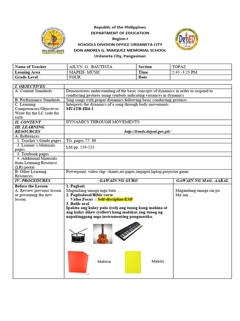 Grade 4 COT MAPEH 4 3RD QUARTER | PDF | Cognition | Human Communication